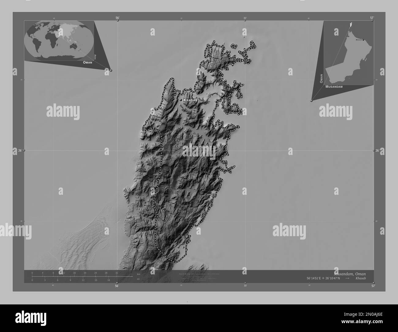 Musandam, province of Oman. Grayscale elevation map with lakes and ...