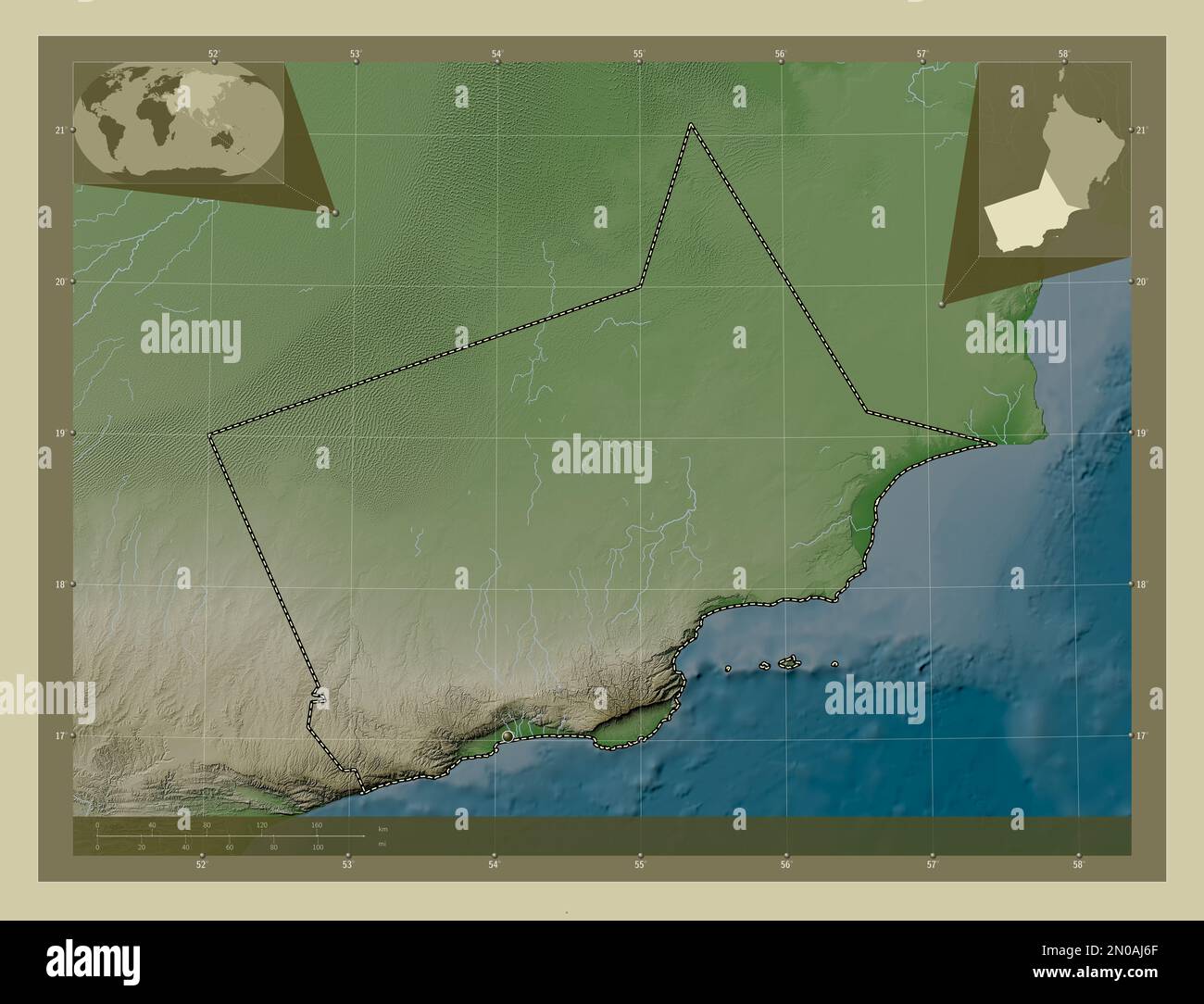Dhofar, province of Oman. Elevation map colored in wiki style with ...