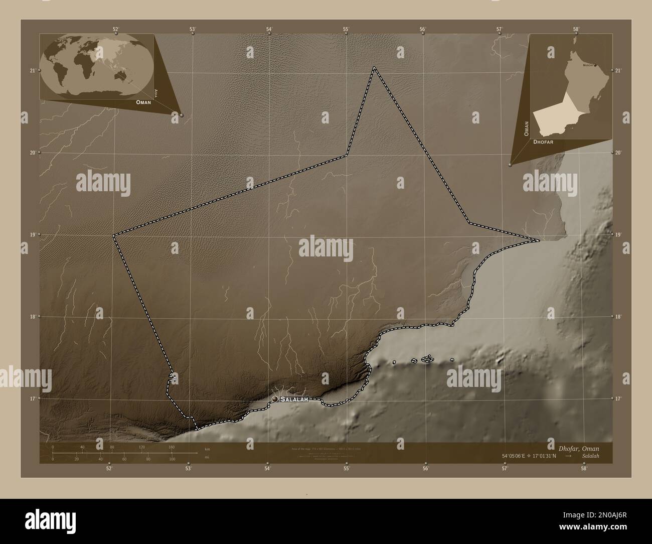 Dhofar, province of Oman. Elevation map colored in sepia tones with ...