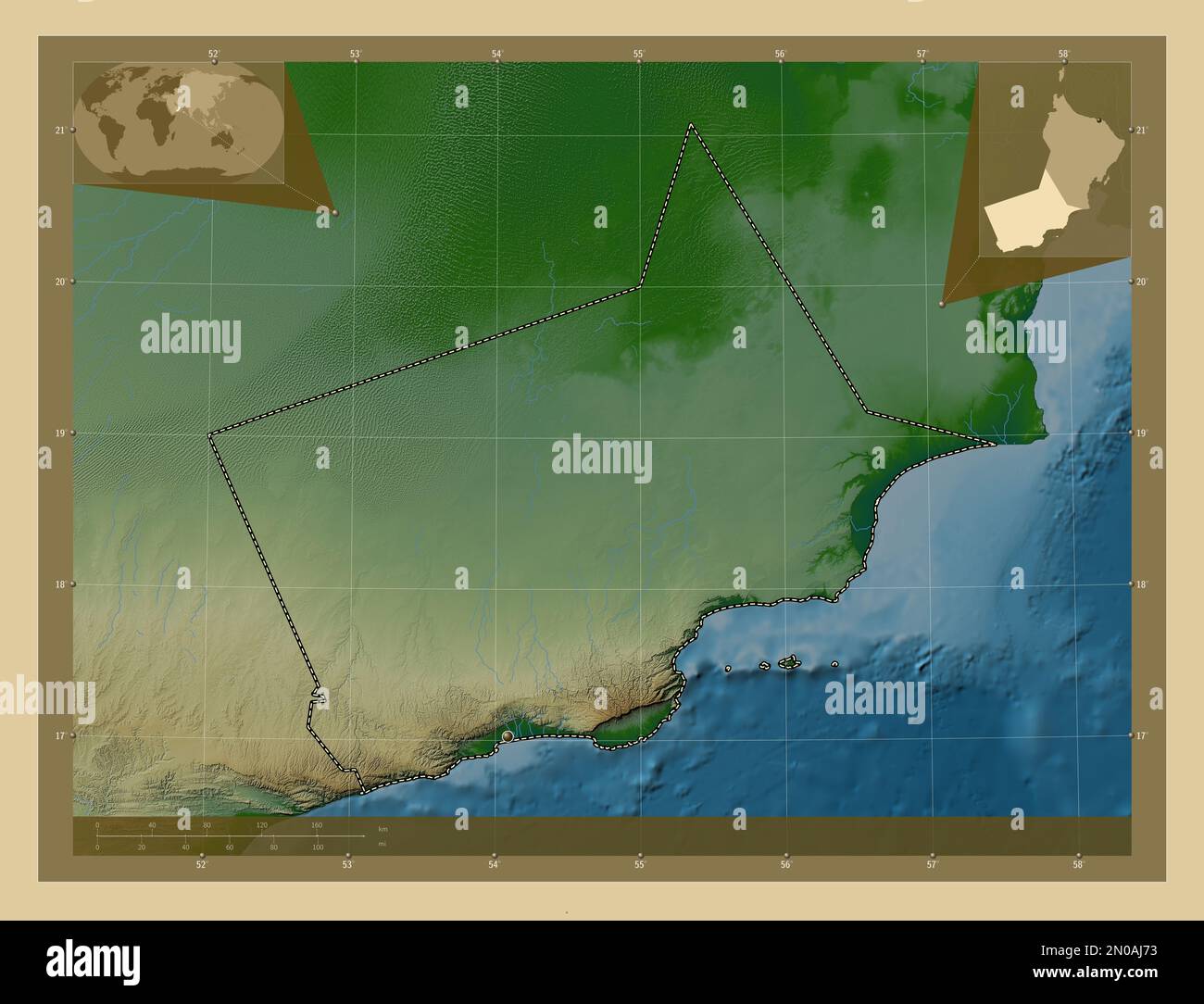 Dhofar, province of Oman. Colored elevation map with lakes and rivers ...