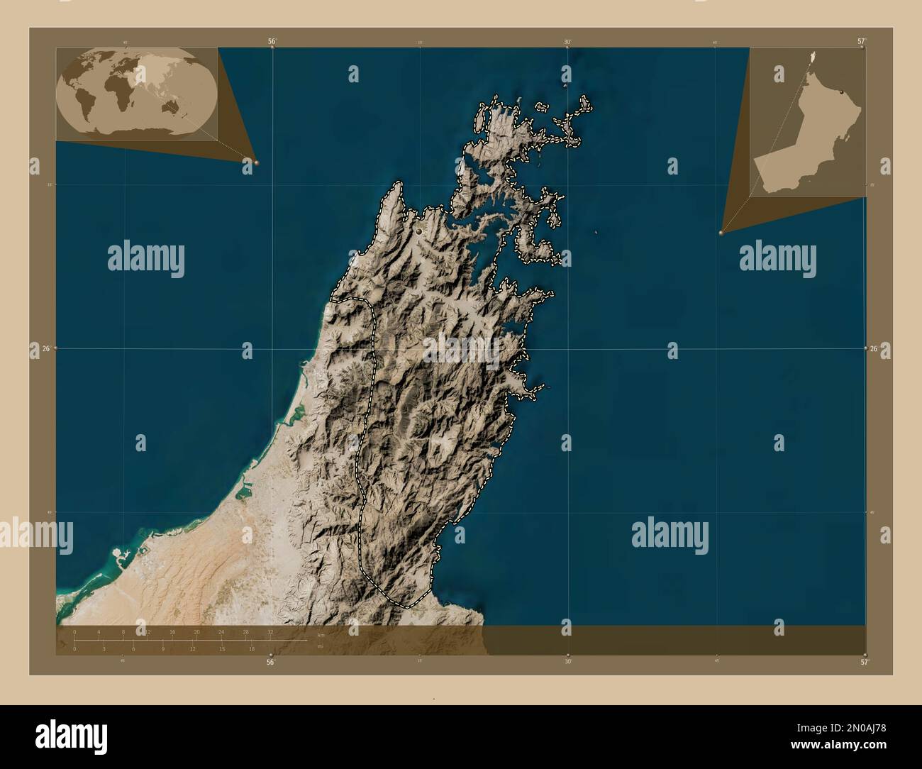 Musandam, province of Oman. Low resolution satellite map. Locations of ...