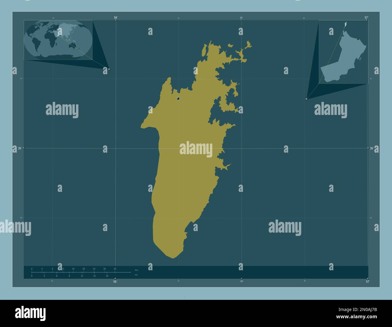 Musandam, province of Oman. Solid color shape. Locations of major ...