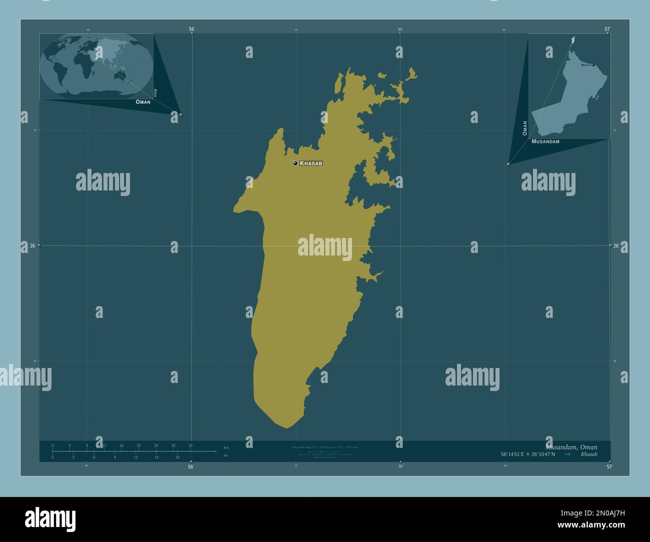 Musandam, province of Oman. Solid color shape. Locations and names of ...