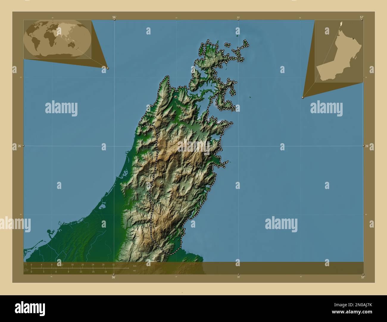 Musandam, province of Oman. Colored elevation map with lakes and rivers ...