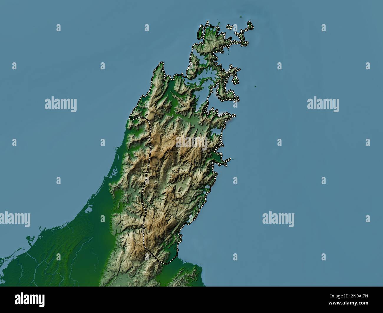 Musandam, province of Oman. Colored elevation map with lakes and rivers ...
