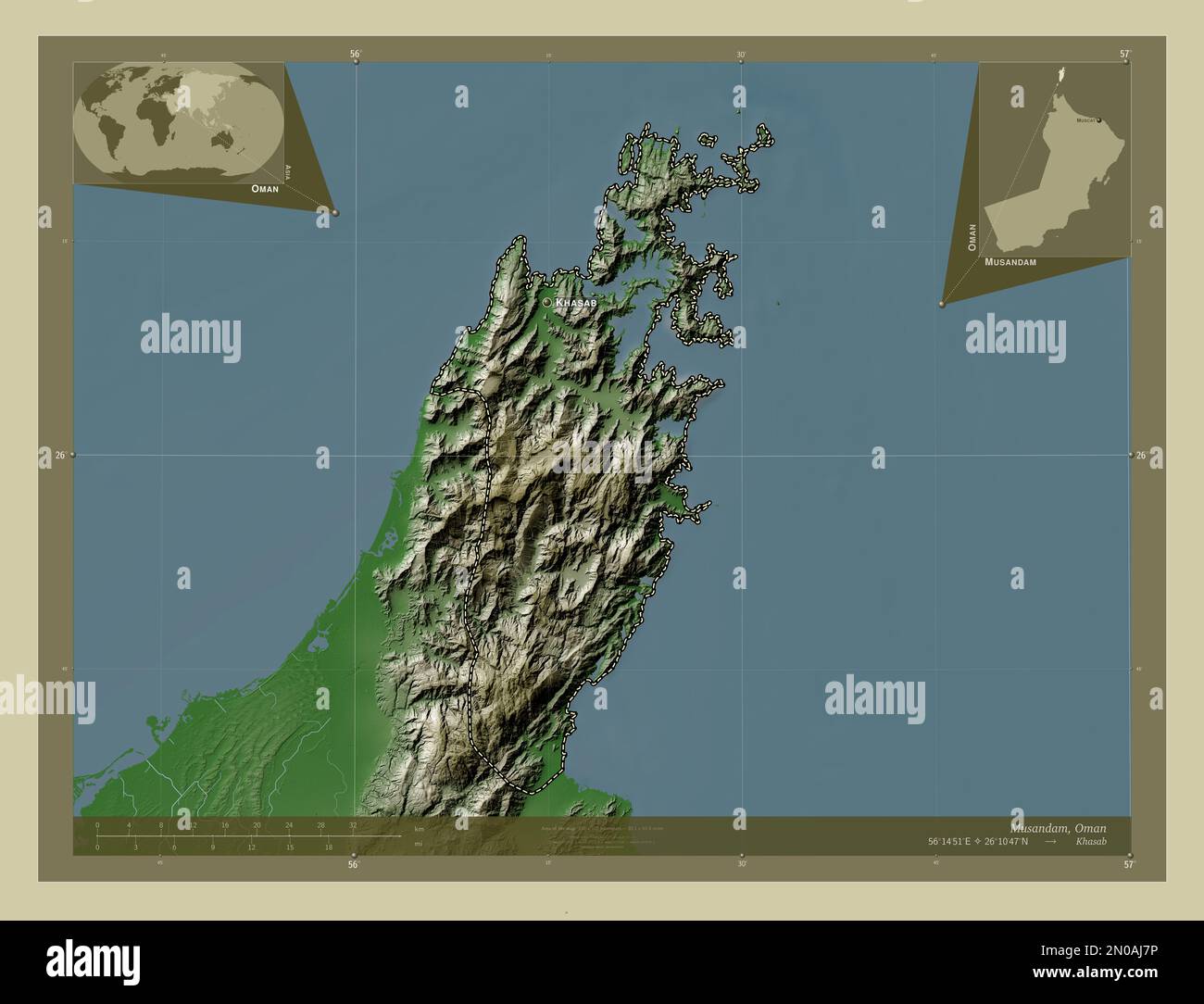 Musandam, province of Oman. Elevation map colored in wiki style with ...