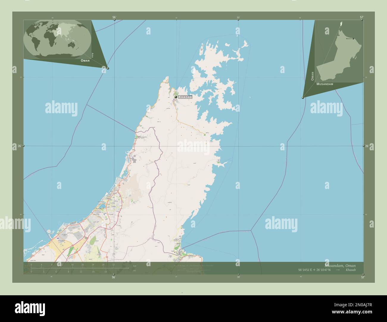 Musandam, province of Oman. Open Street Map. Locations and names of ...