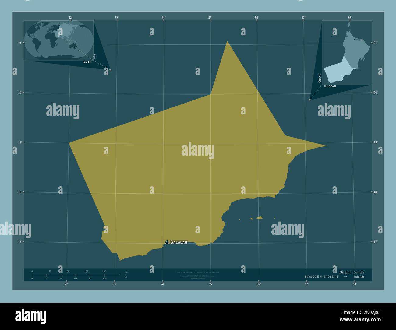 Dhofar, province of Oman. Solid color shape. Locations and names of ...