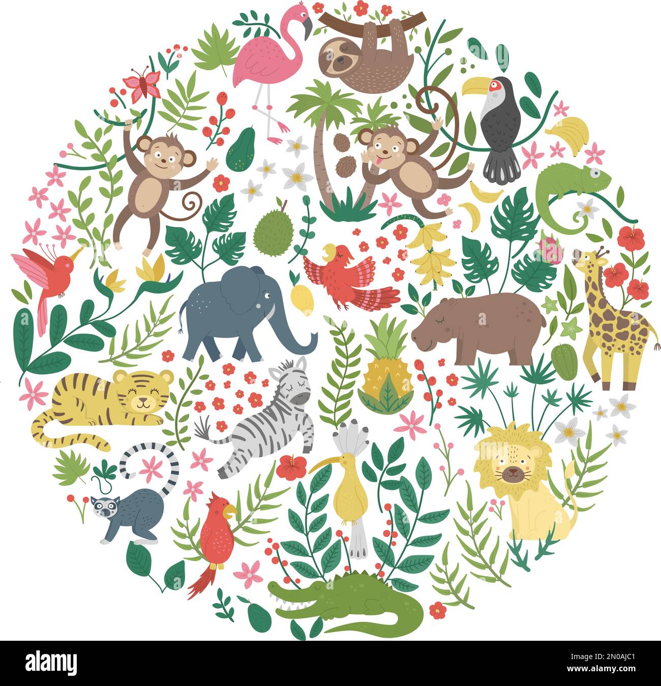 Vector round frame with cute exotic animals, leaves, flowers, fruits ...