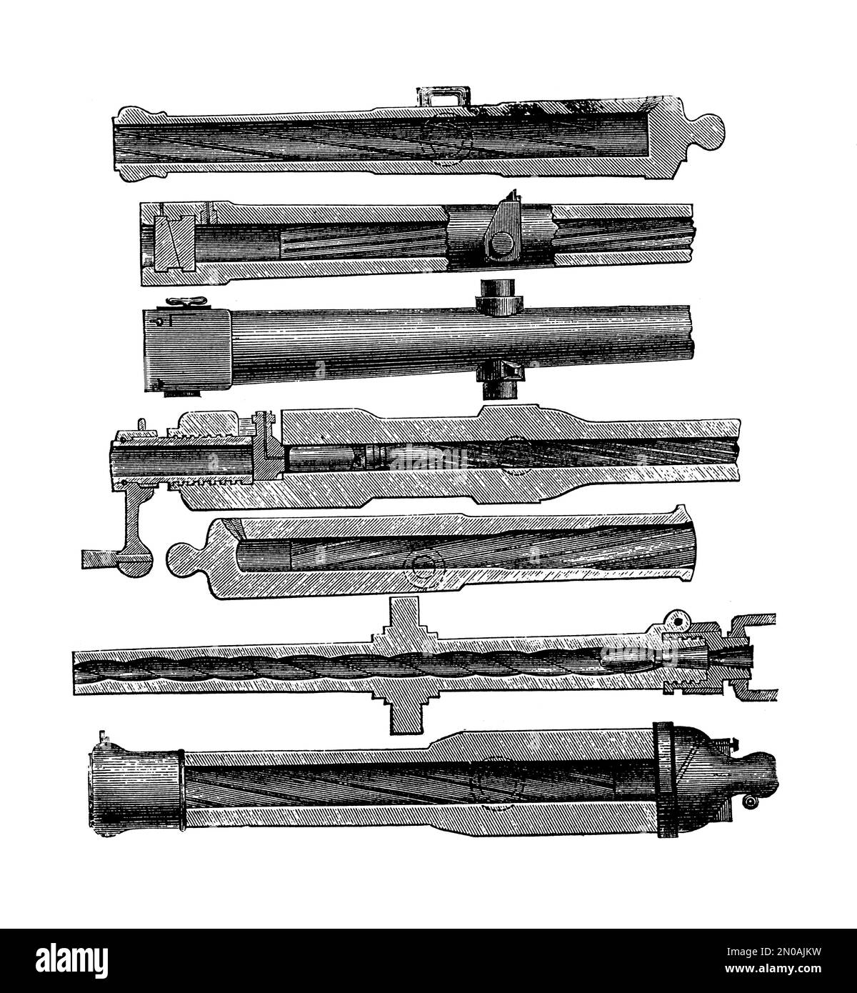 19th-century illustration depicting sections of European artillery ...