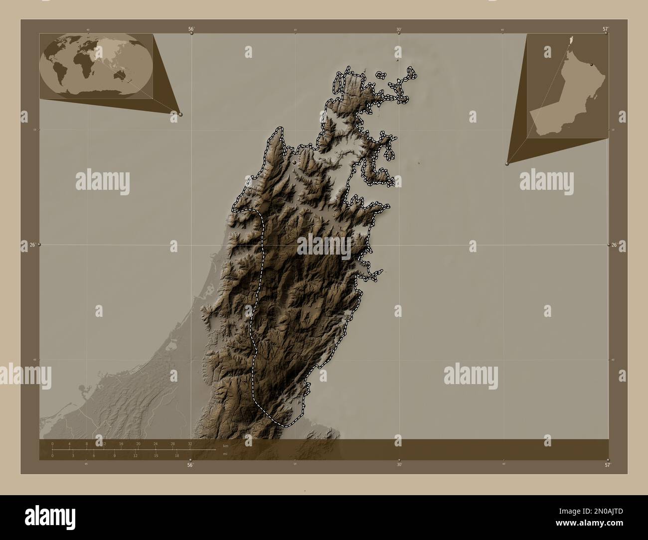 Musandam, province of Oman. Elevation map colored in sepia tones with ...