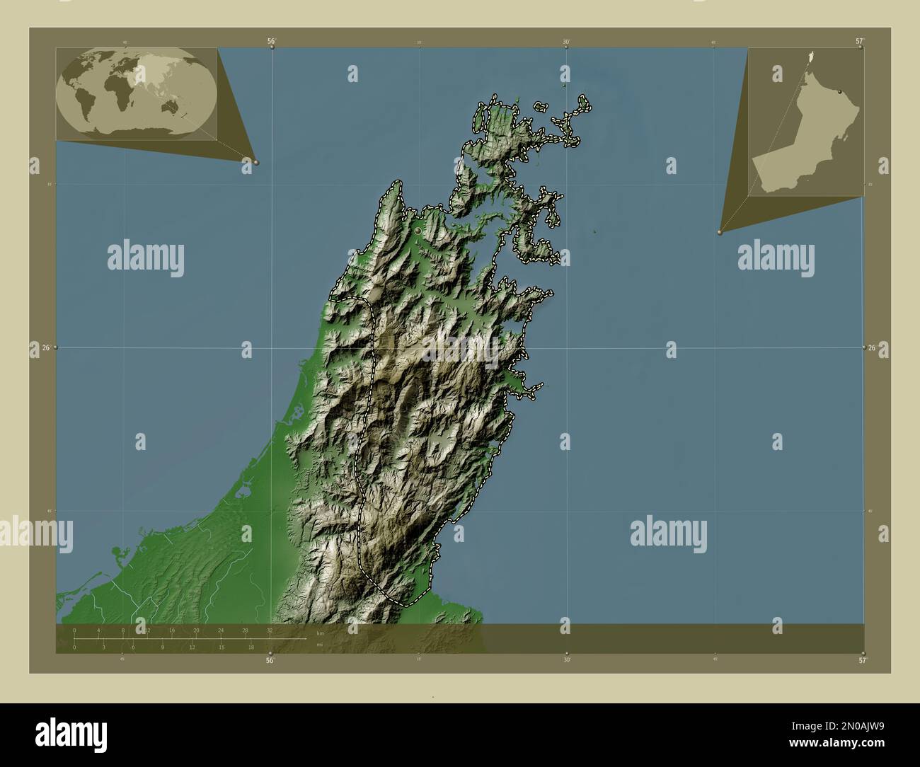 Musandam, province of Oman. Elevation map colored in wiki style with ...