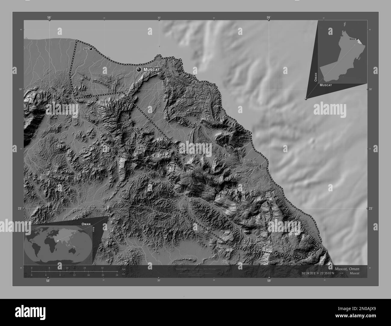 Muscat, province of Oman. Bilevel elevation map with lakes and rivers ...