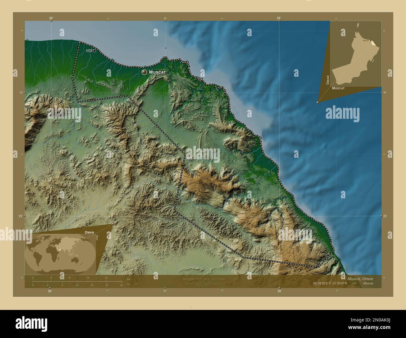 Muscat, province of Oman. Colored elevation map with lakes and rivers ...