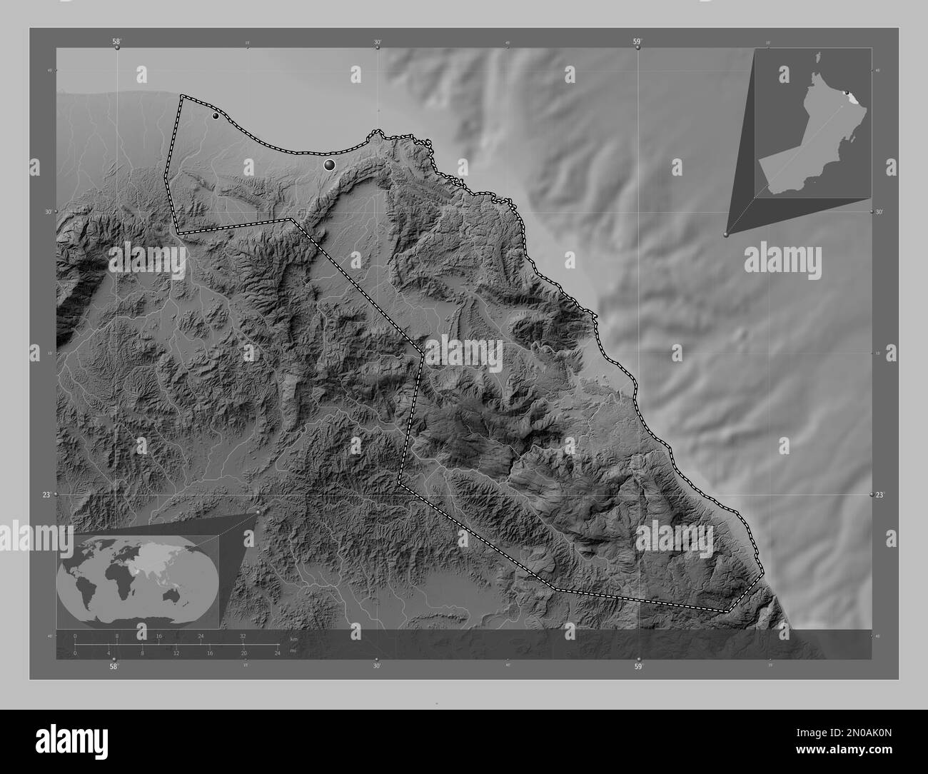 Muscat, province of Oman. Grayscale elevation map with lakes and rivers ...