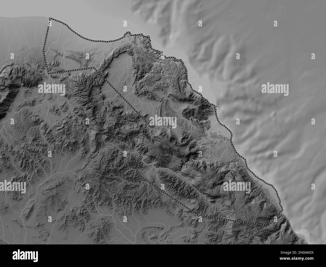 Muscat, province of Oman. Grayscale elevation map with lakes and rivers ...