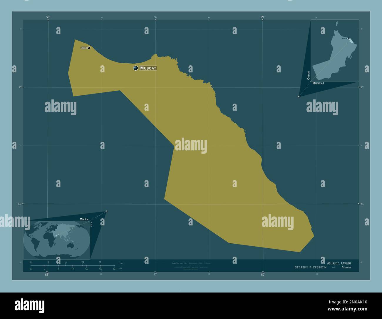 Muscat, province of Oman. Solid color shape. Locations and names of ...