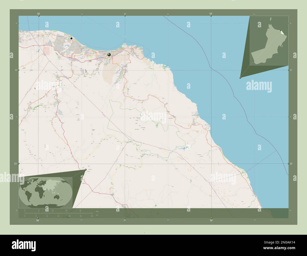 Muscat, province of Oman. Open Street Map. Locations of major cities of ...