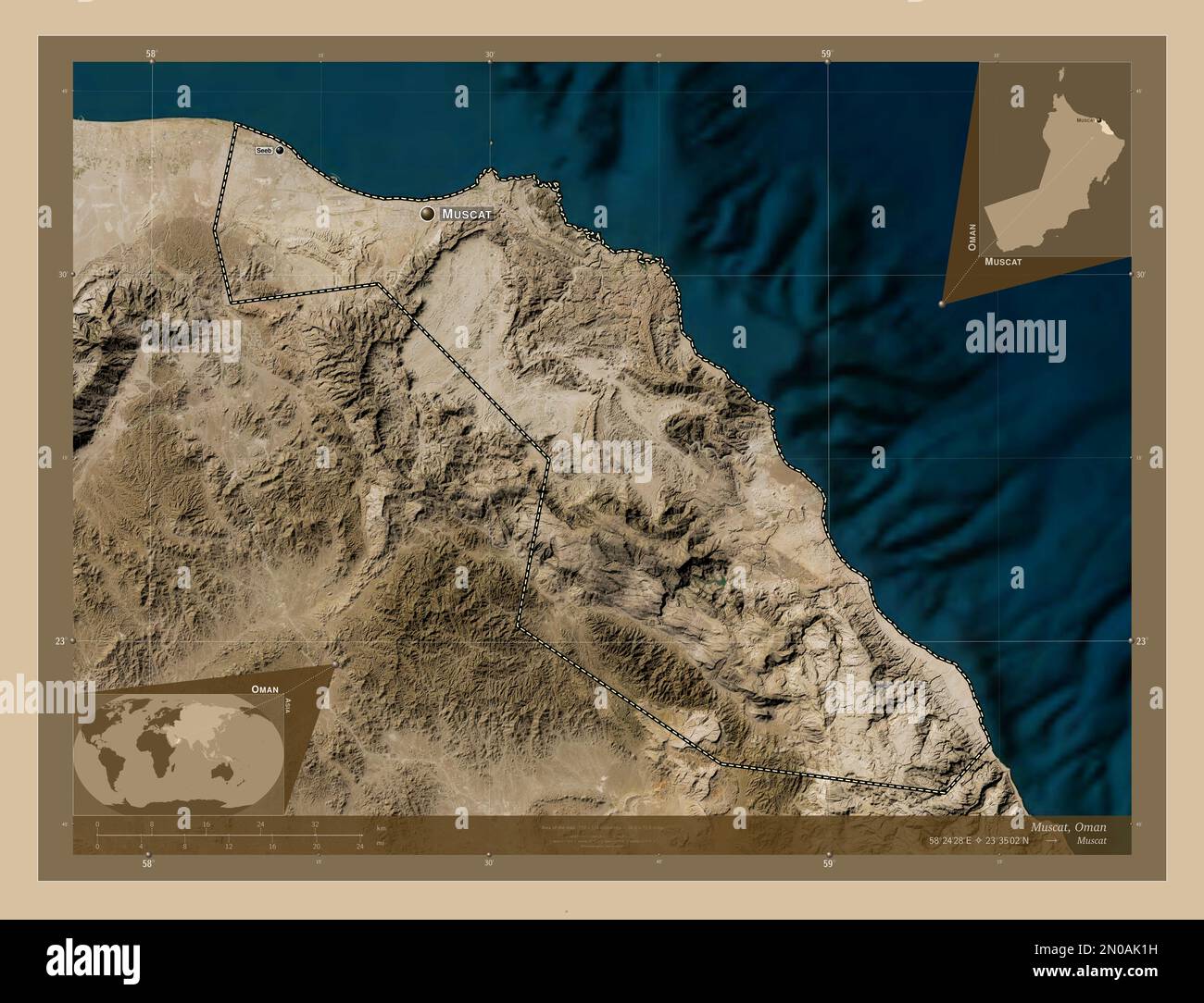 Muscat, province of Oman. Low resolution satellite map. Locations and ...