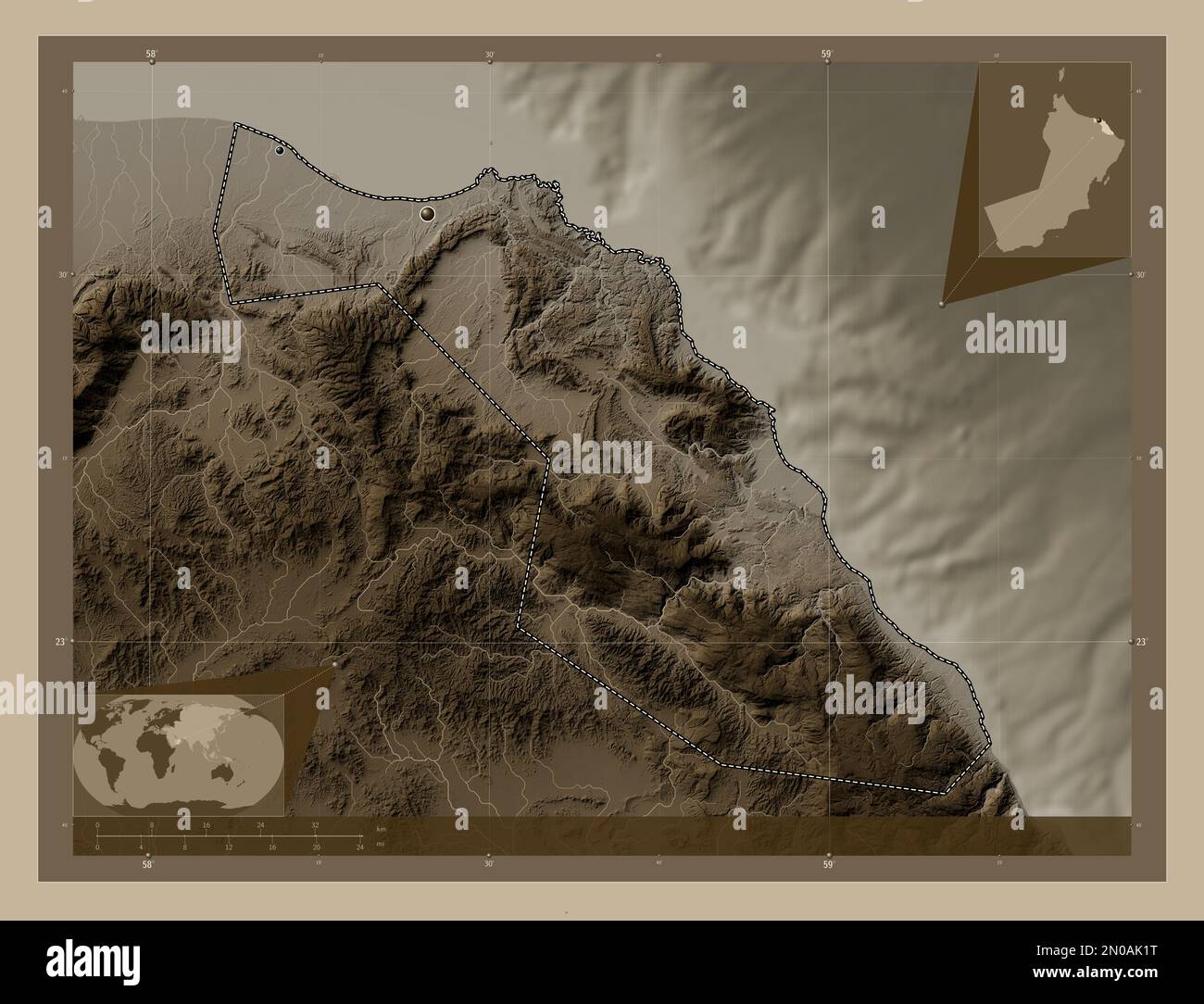Muscat, province of Oman. Elevation map colored in sepia tones with ...