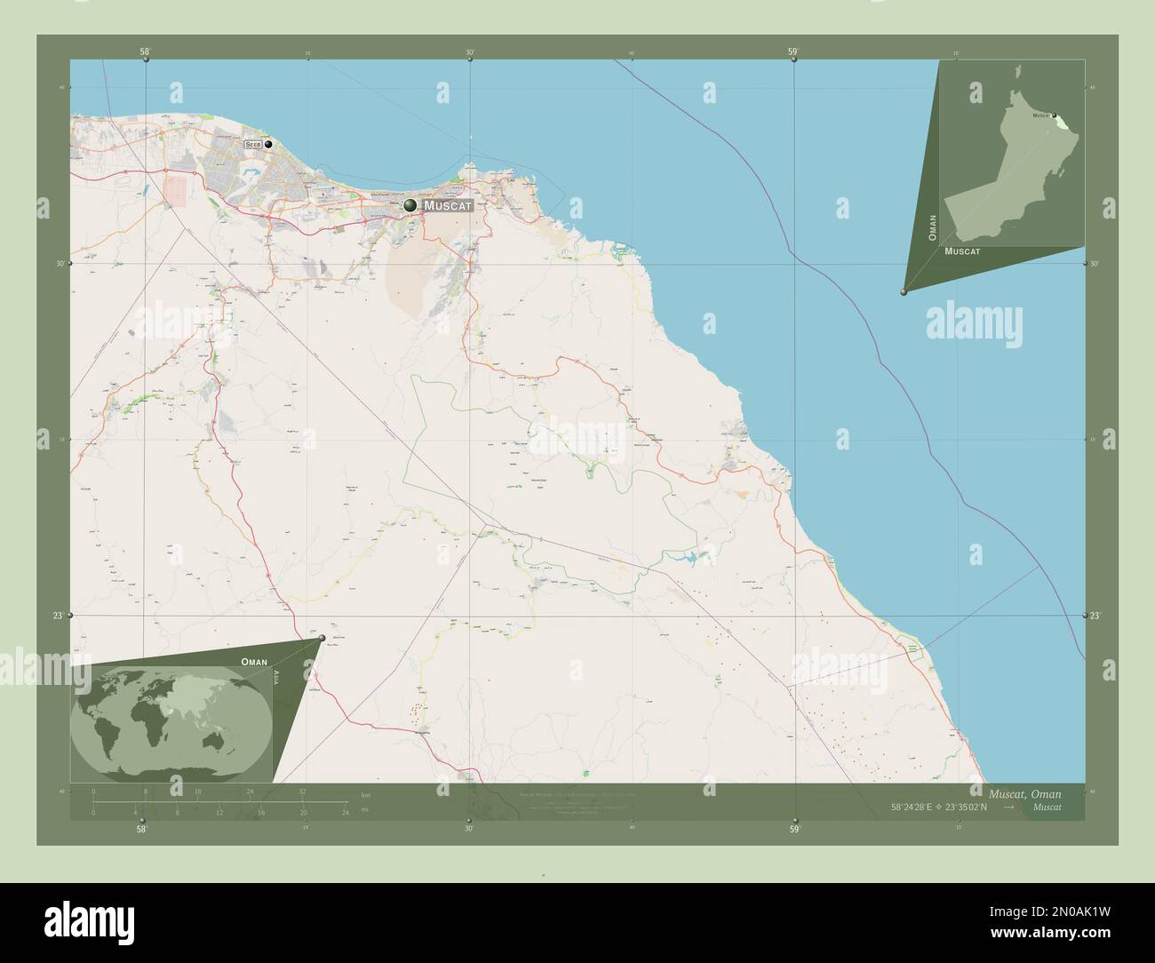 Muscat, province of Oman. Open Street Map. Locations and names of major ...
