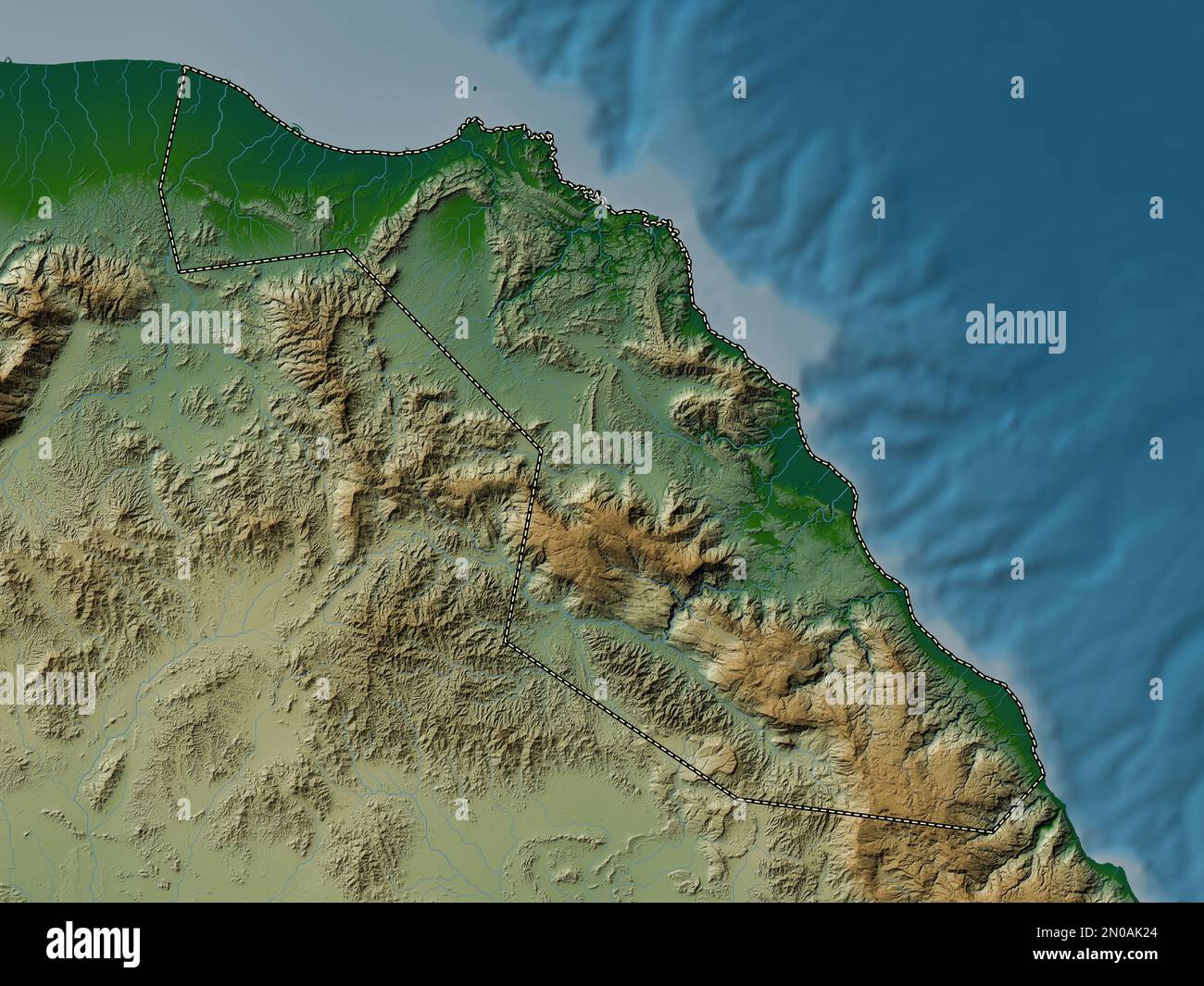 Muscat, province of Oman. Colored elevation map with lakes and rivers ...