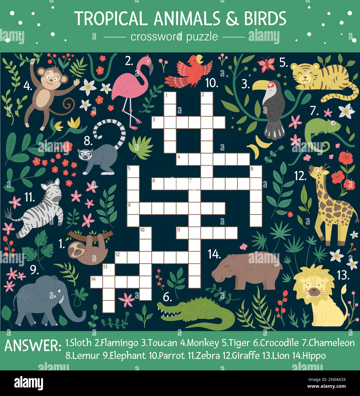 Vector summer crossword puzzle for kids. Quiz with tropical animals and ...