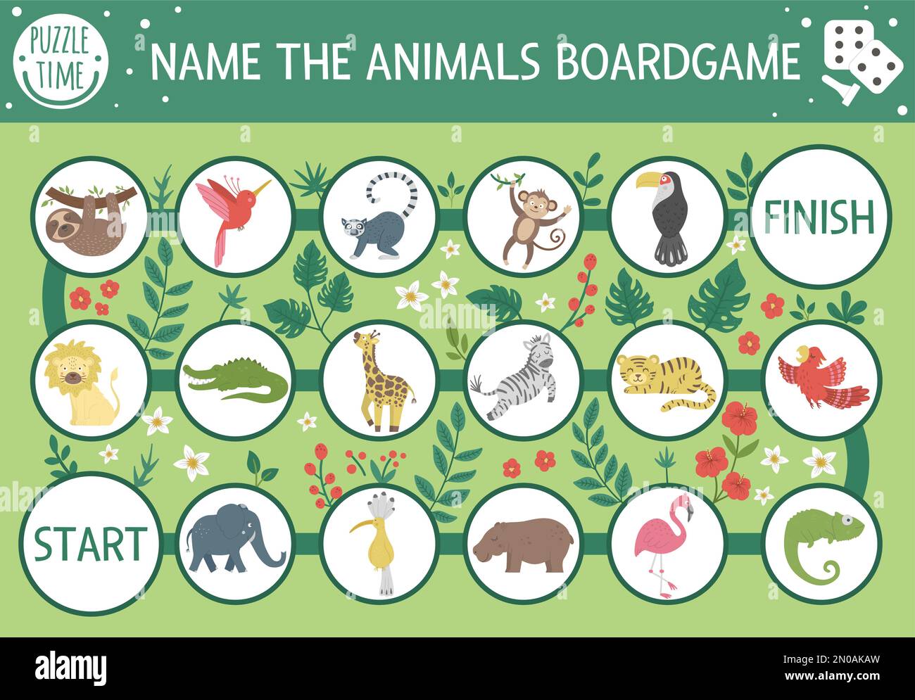 Tropical adventure board game for children with cute animals, plants ...