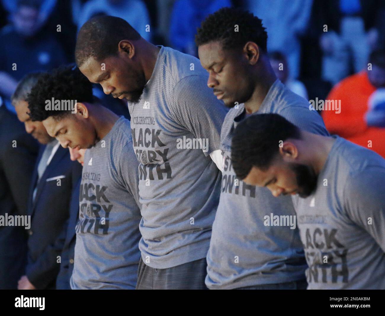 Oklahoma Thunder players, from left, Cameron Payne, Kevin Durant ...