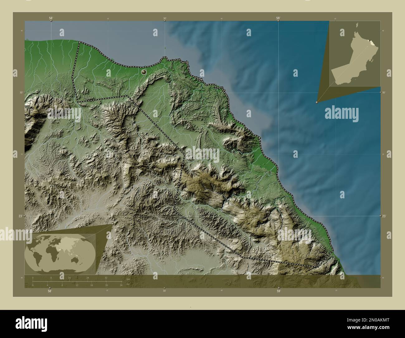 Muscat, province of Oman. Elevation map colored in wiki style with ...
