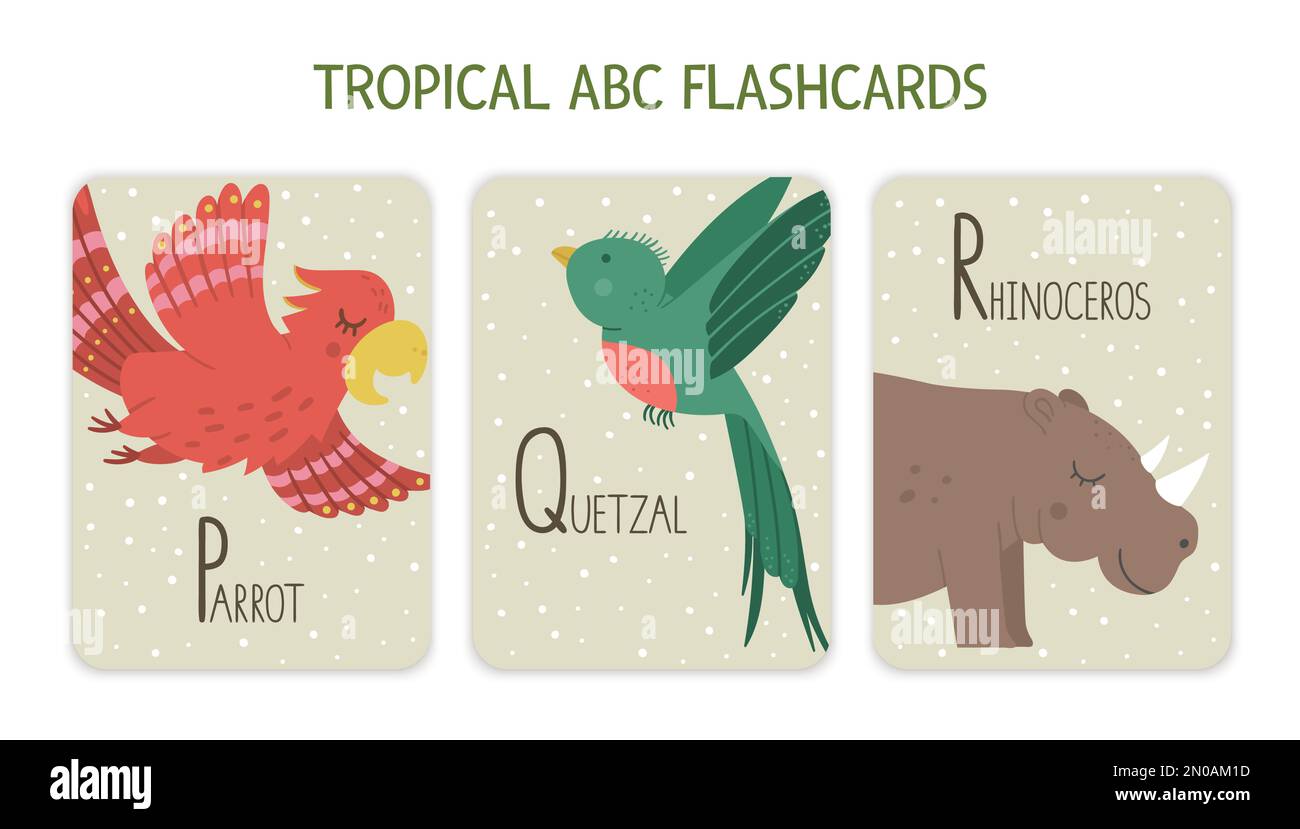 Colorful alphabet letters P, Q, R. Phonics flashcard with tropical animals, birds, fruit, plants ...