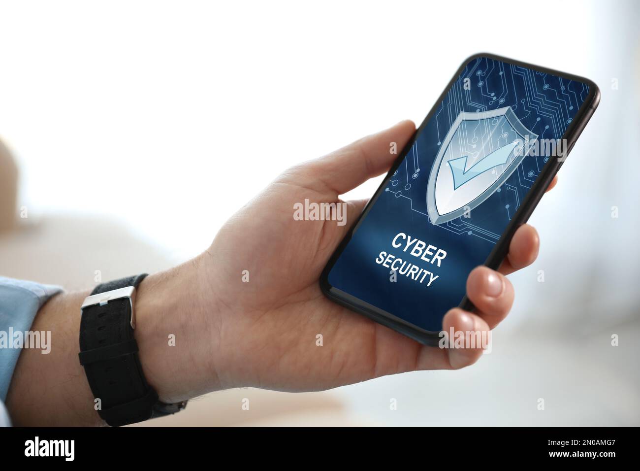 Cyber security concept. Man using application on phone, closeup Stock ...