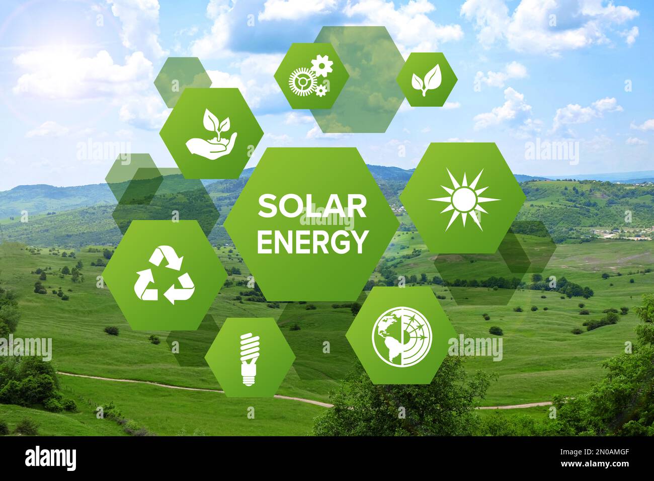 Solar energy concept. Scheme with icons and green hills on background ...