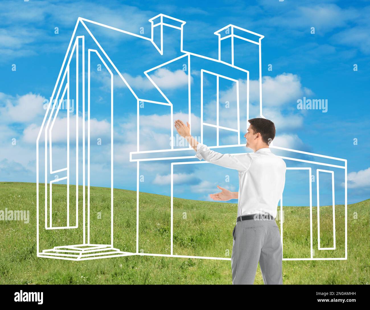 Man dreaming about future house. Landscape with building illustration ...