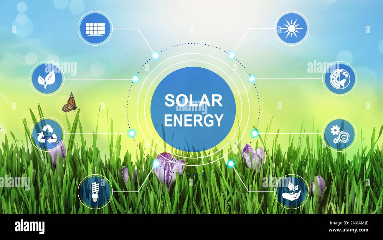 Solar energy concept. Scheme with icons and sky over green grass on ...