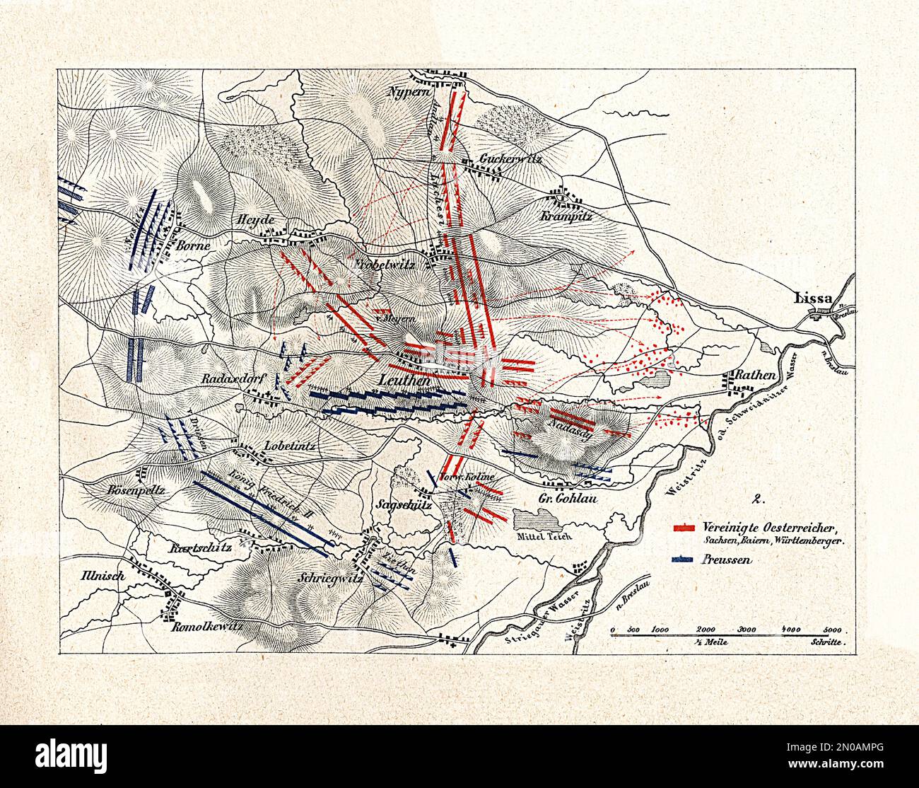 Antique 19th-century illustration of the battle of Leuthen, fought on 5 ...