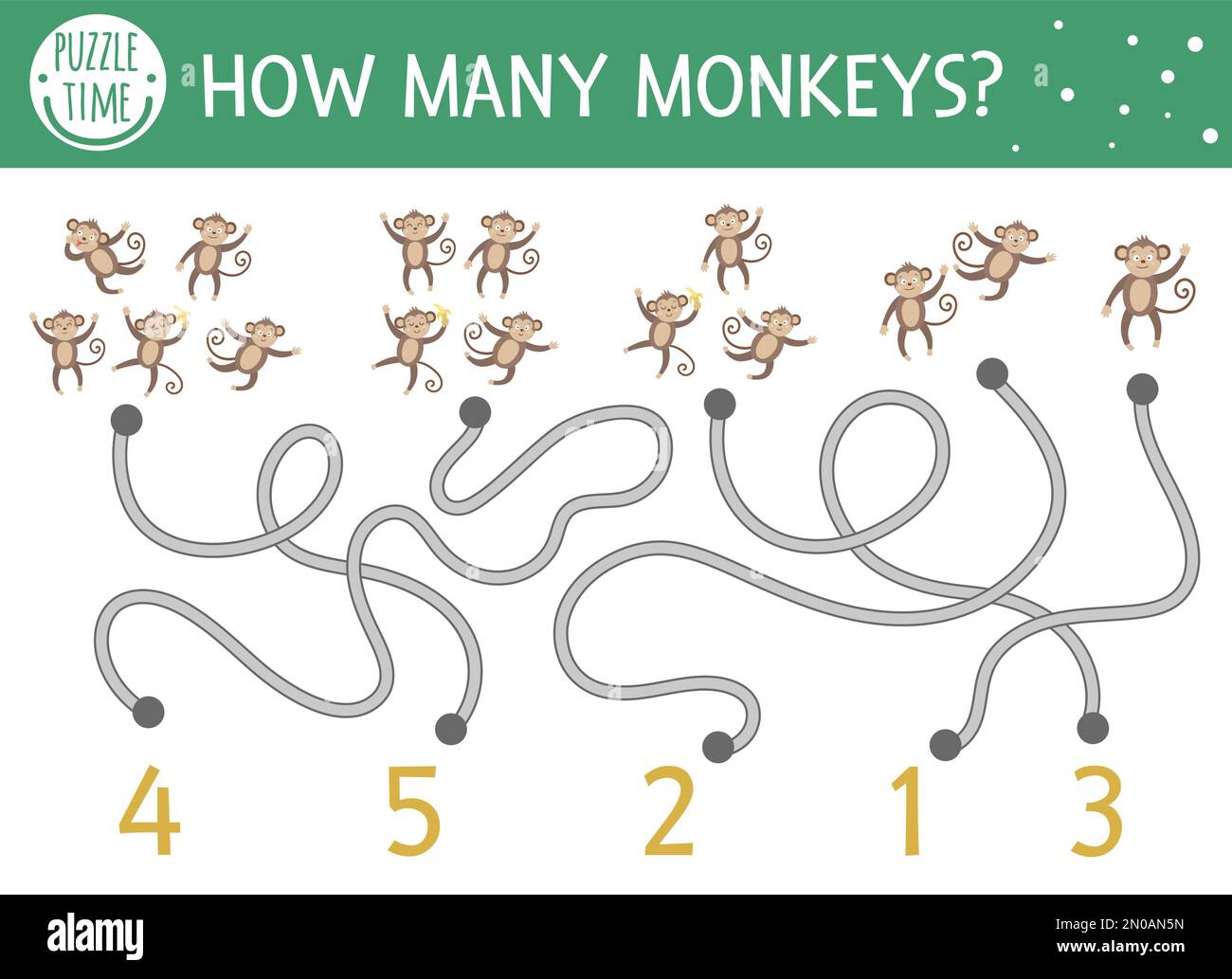 Tropical math maze for children with five little monkeys. Educational ...