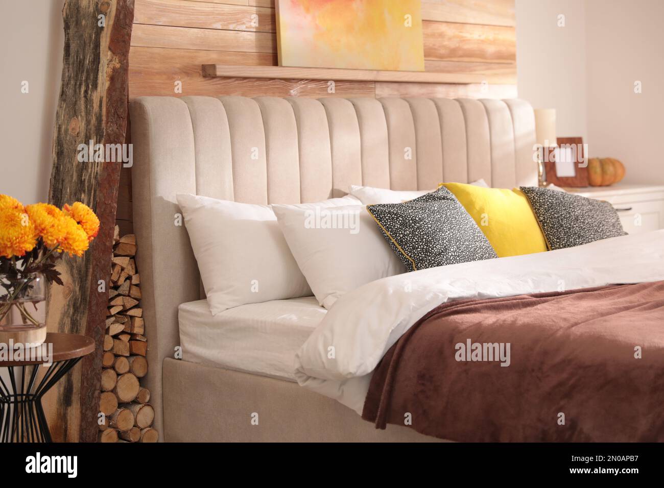Cozy bedroom interior inspired by autumn color scheme Stock Photo - Alamy