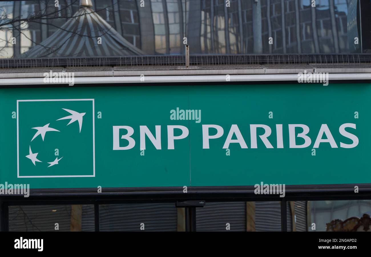 The logo of French bank BNP Paribas SA is pictured at the La Defense ...