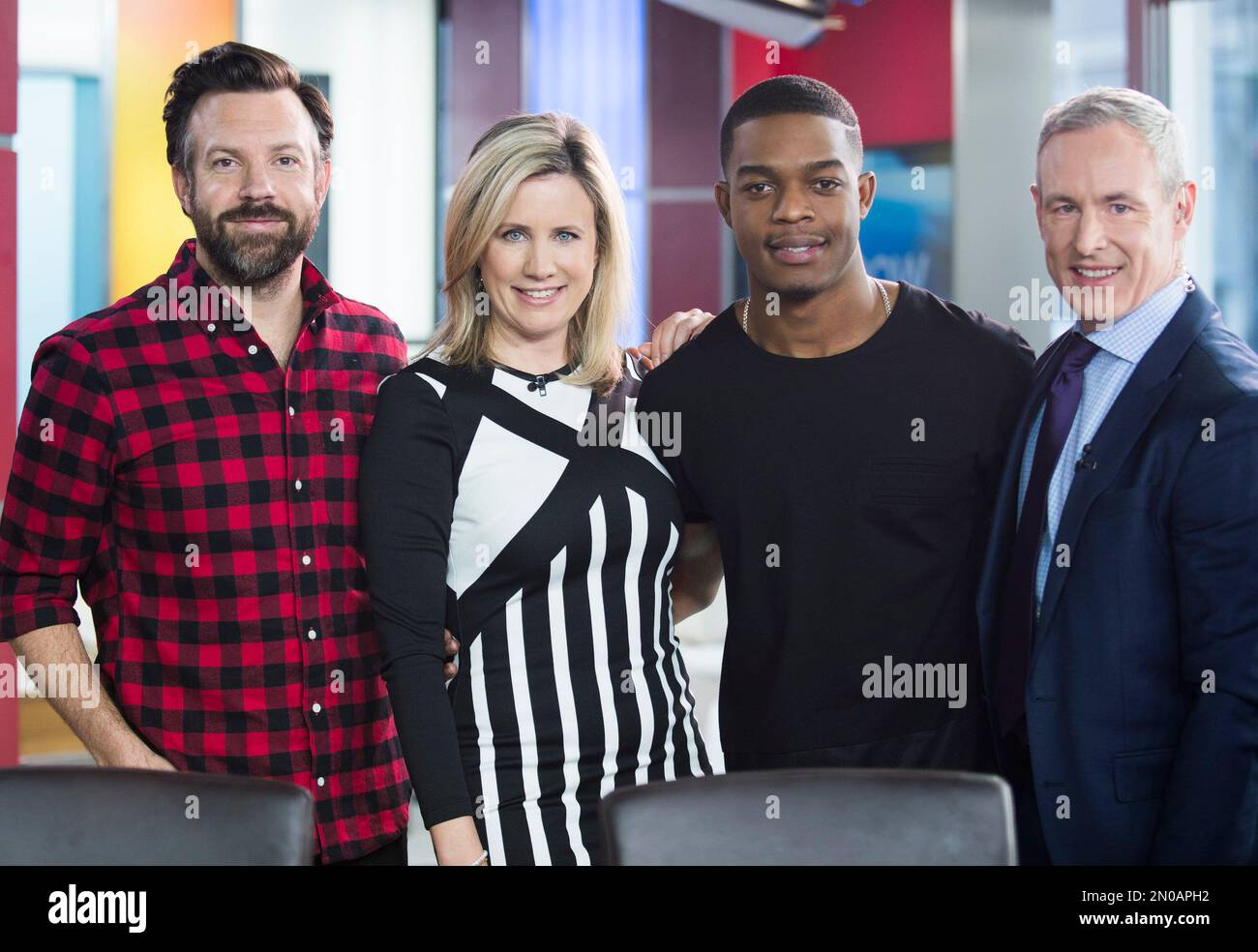 Actor Jason Sudeikis, host Liza Fromer, actor Stephan James and host ...