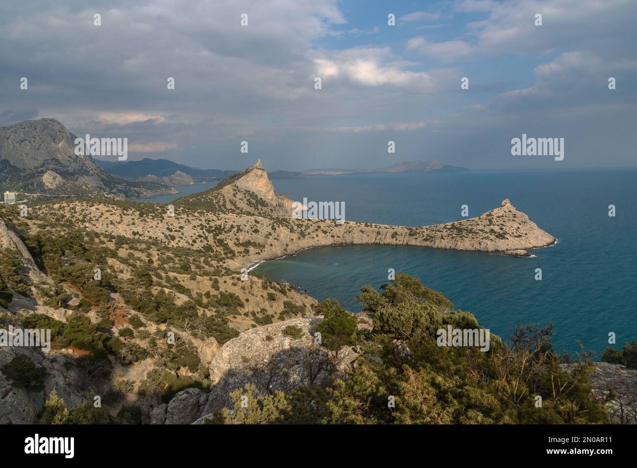 Top view of Cape Kapchik, Blue Bay and Mount Koba-Kaya in spring ...