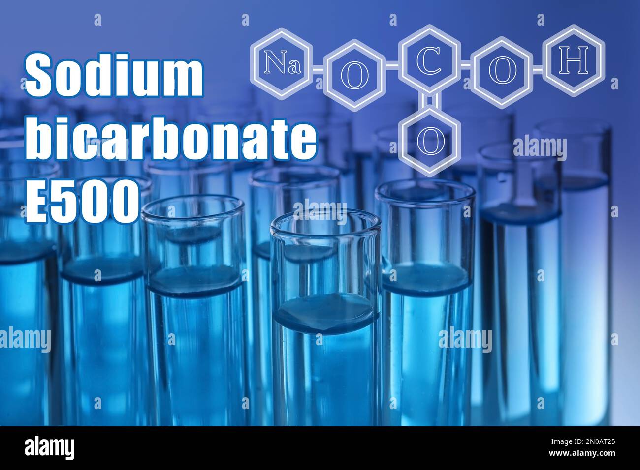 Text Sodium bicarbonate E500 with soda formula and test tubes on ...