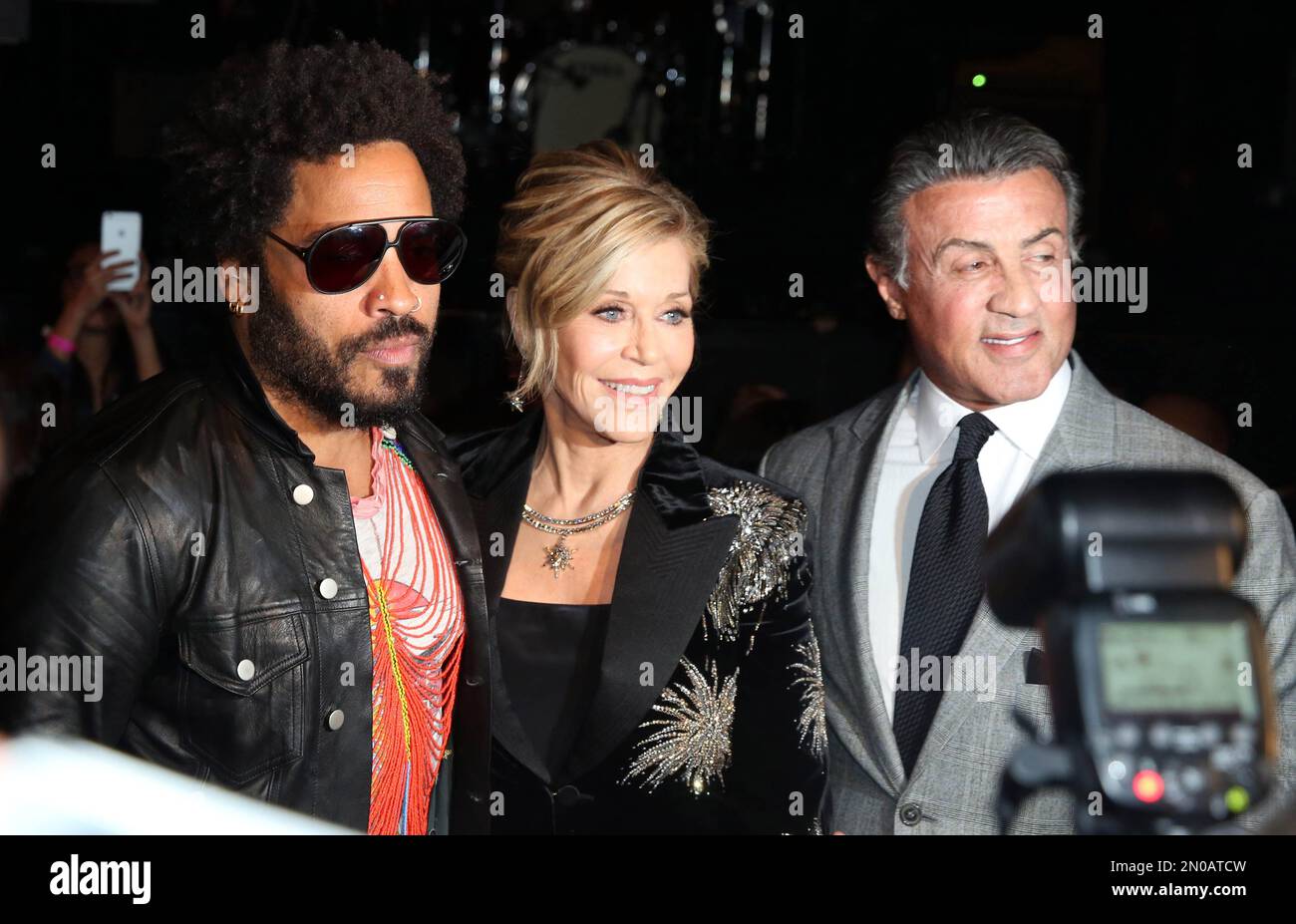 Lenny Kravitz, left, Jane Fonda, center and Sylvester Stallone attend ...