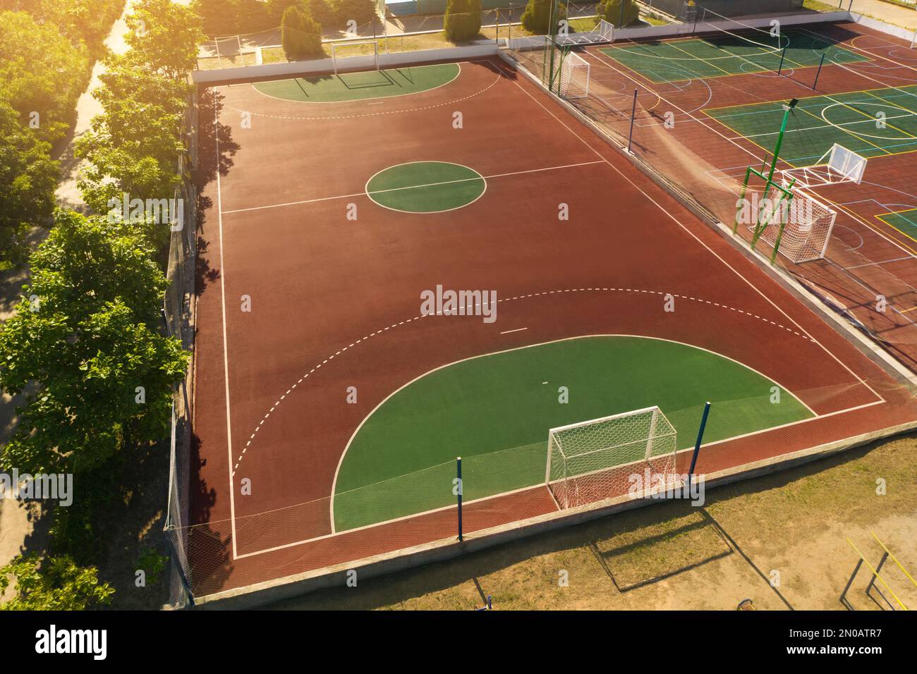Aerial view of football pitch on sunny day Stock Photo - Alamy