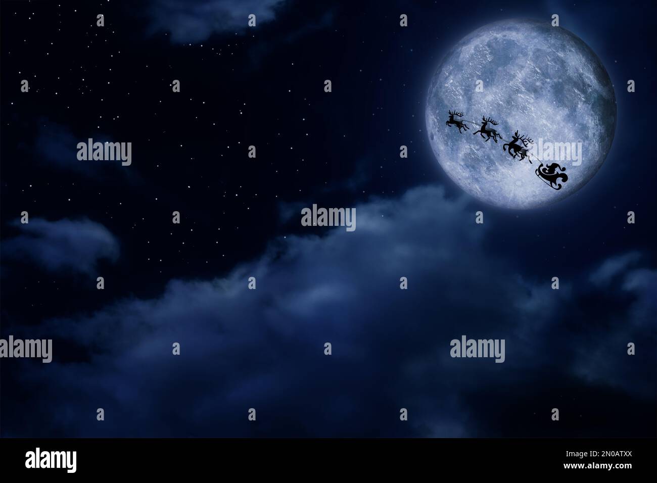 Magic Christmas eve. Santa with reindeers flying in sky on full moon ...
