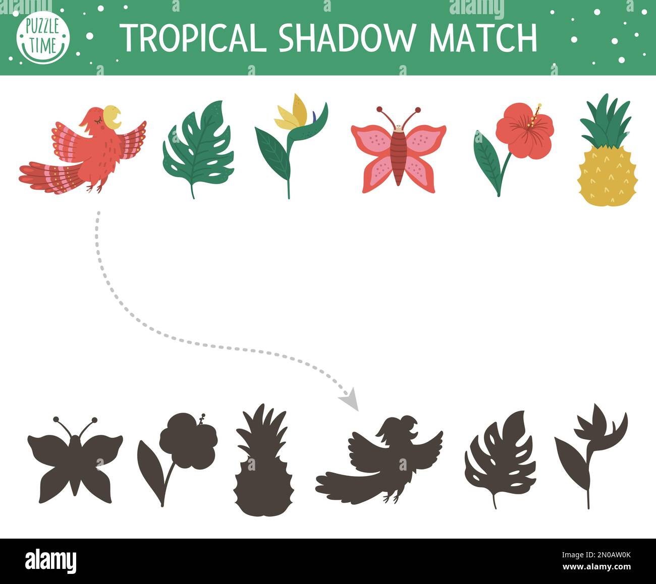 Tropical shadow matching activity for children. Preschool jungle puzzle ...