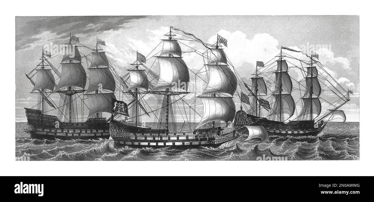 19th-century illustration depicting English battleships, XVI-XVII ...