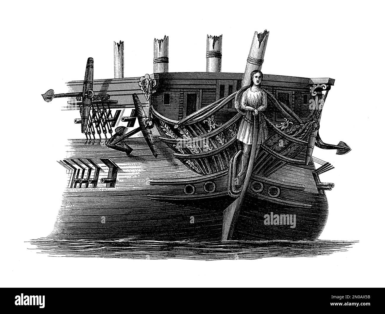 Antique engraving depicting the stern of the Invincible, 74-gun French ...
