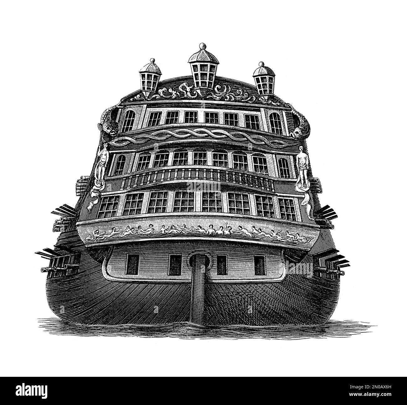 Antique 19th-century illustration of stern of English ship of the line ...