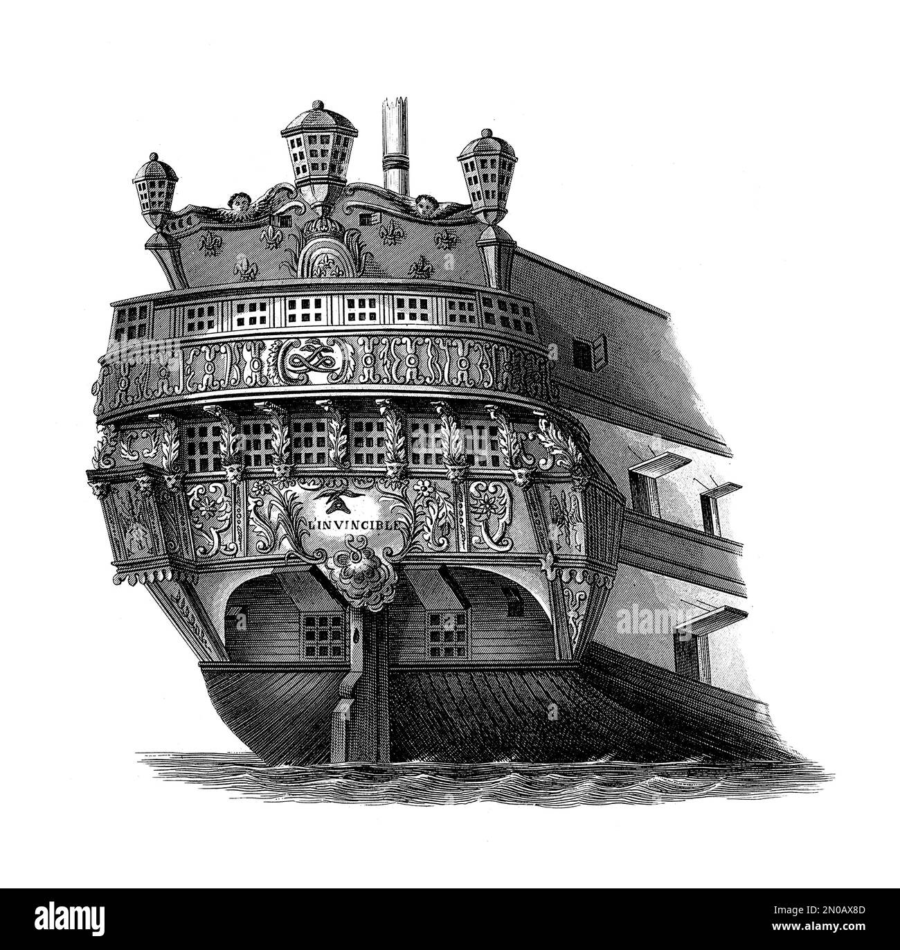 Antique illustration depicting the stern of the Invincible, 74-gun ...